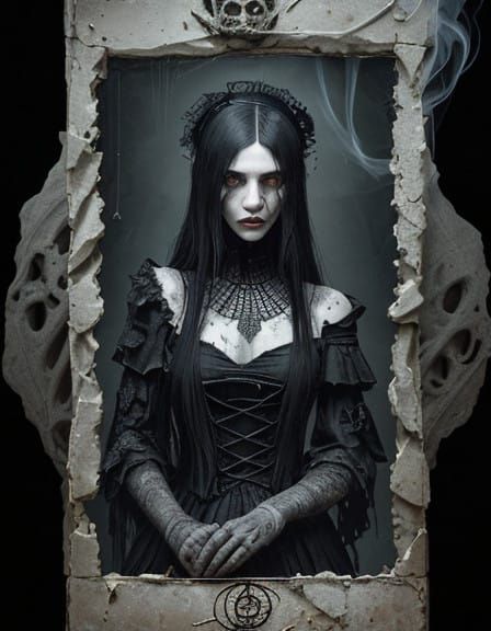 A female goth fashion model, clad in tattered, Victorian-inspired ...