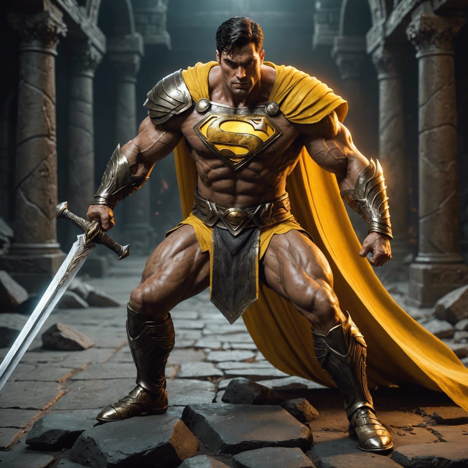 "Superman as an ancient barbarian Warrior, dressed in a Yellow glowing ...