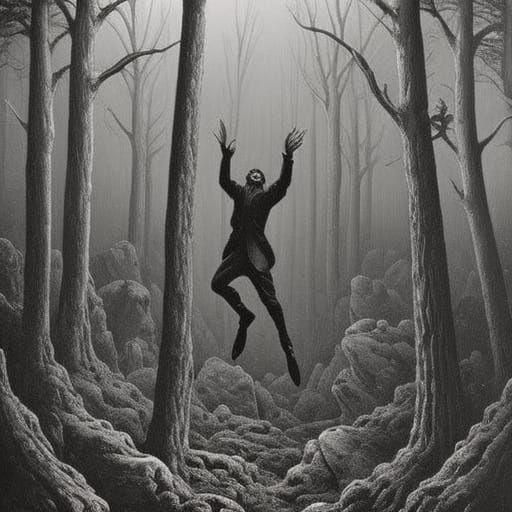 Deformed man screaming in the middle of a gray forest at night time ...