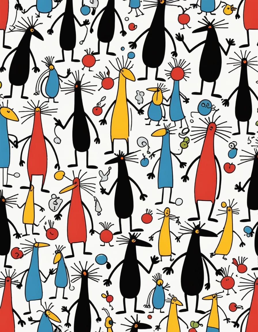 Pattern - Simplistic Stick Figure Illustration in Bold Color...