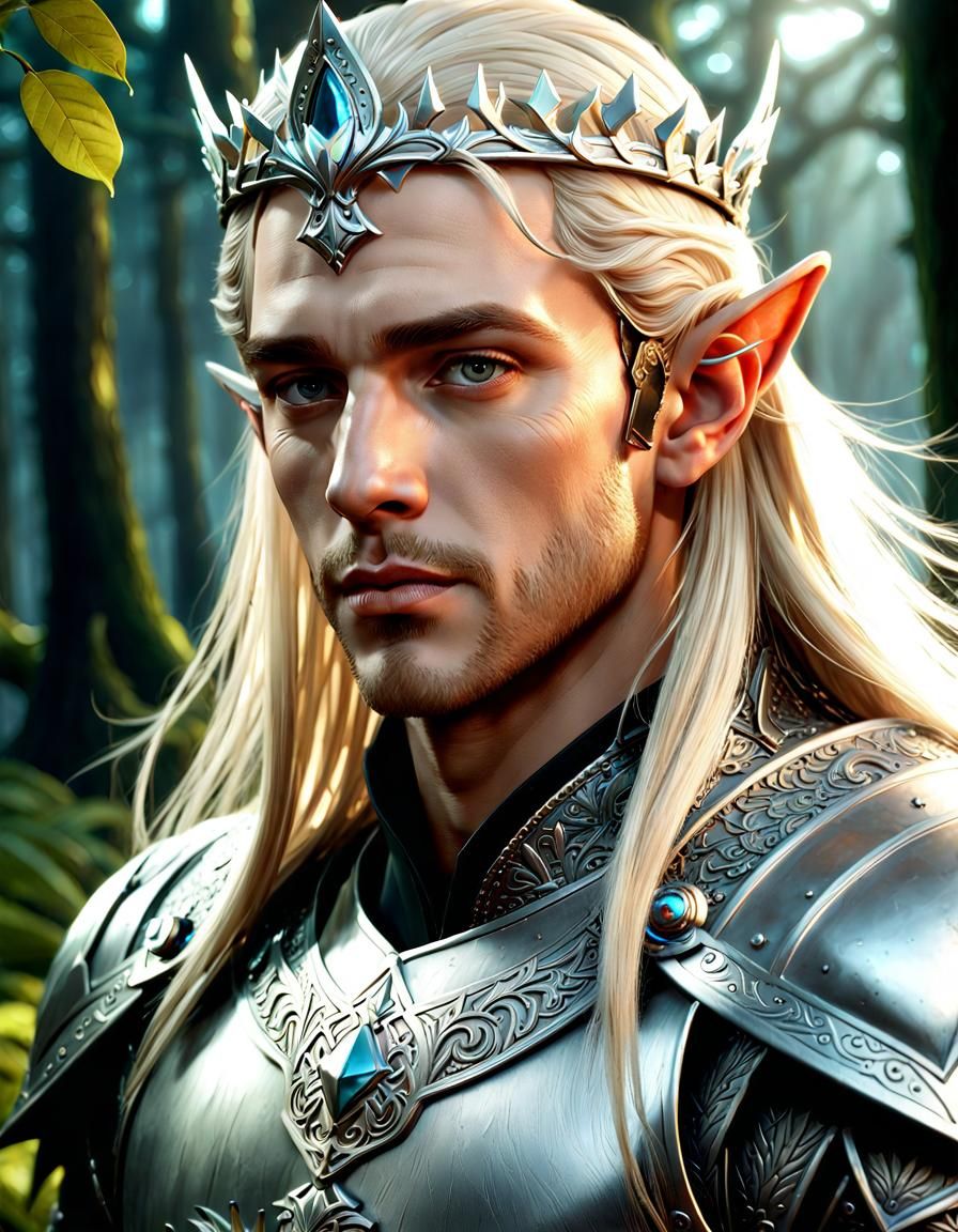 Portrait of a handsome male elf, long straight blond hair, with an ...