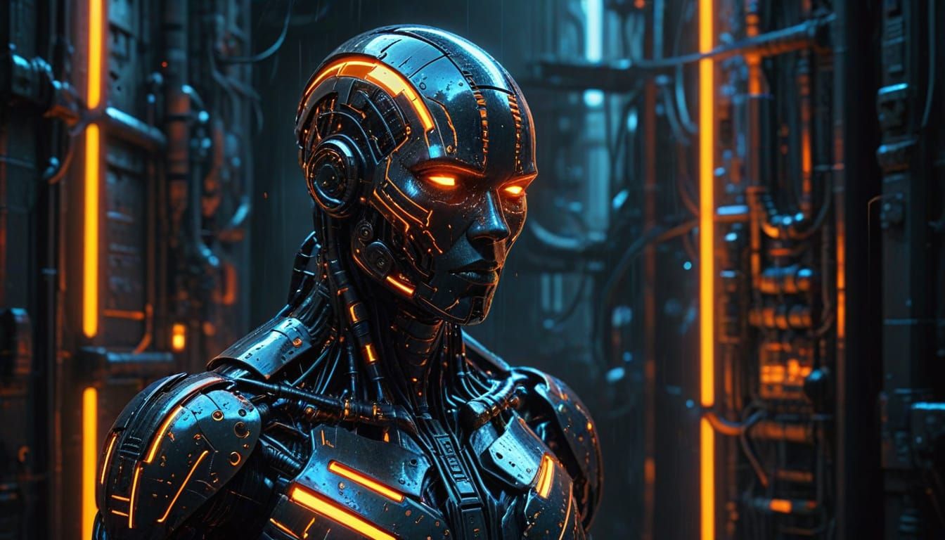 cyborg ultra futuristic circuit board, black with streaks of orange ...