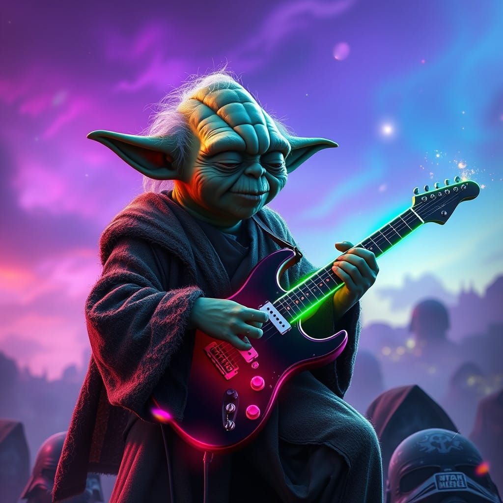 Yoda playing electric guitar. May the force be with u!