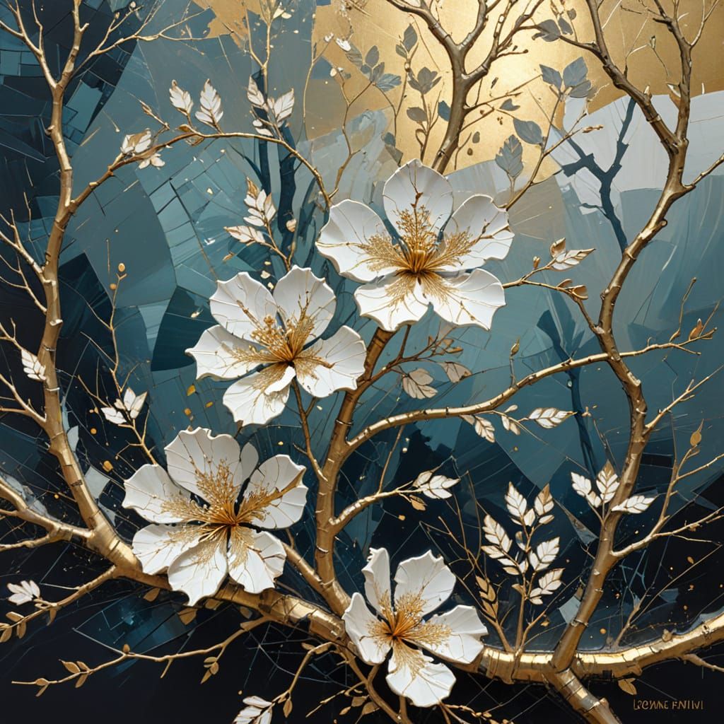 (tree:1.5), Bojan Jevtic and Ashley Wood, gold and... - AI Art