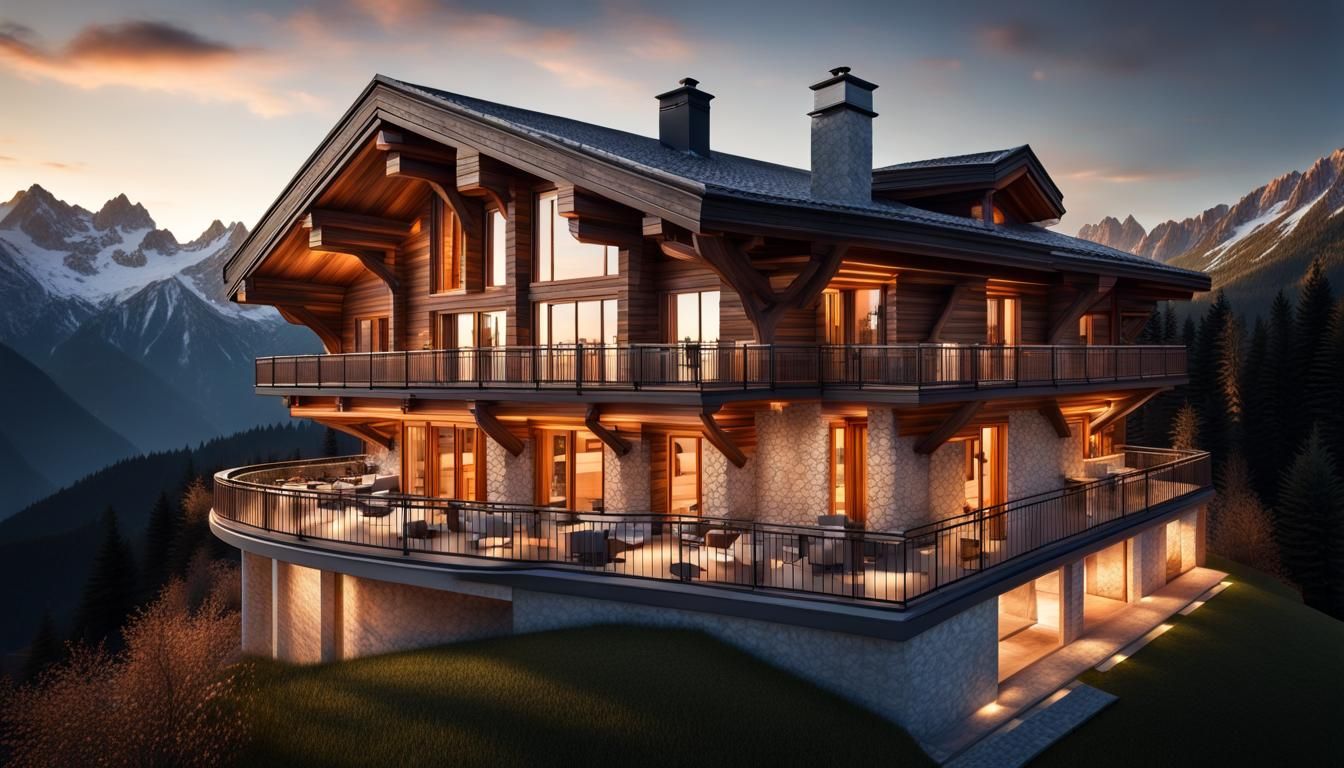 An alpine-style chalet with complex architectural lines and a panoramic ...