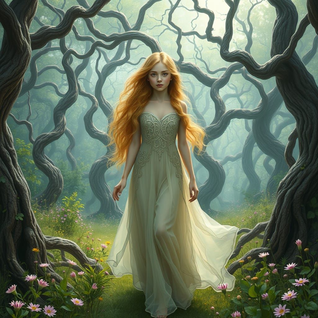 Ethereal Mythical Girl Walks Through Lush Aethoria... - AI Art