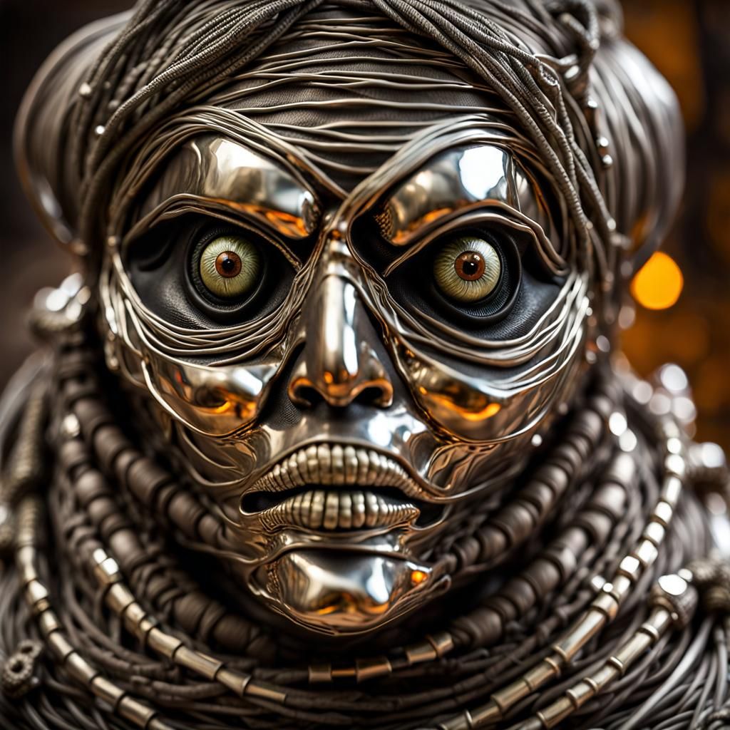 a close-up metallic mummy patched clay and wire sculpture with weird ...