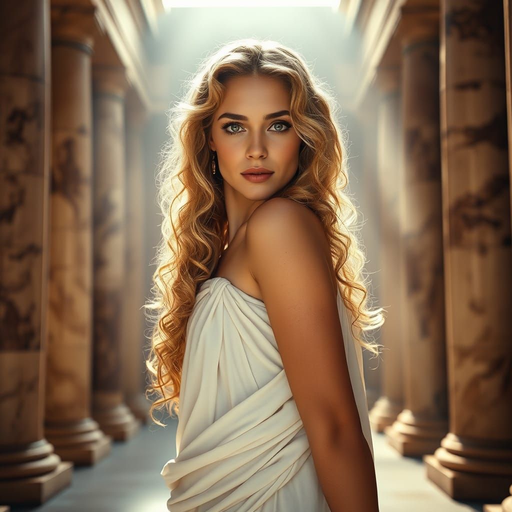 Serene Greek Oracle Woman with Honey-Blonde Hair i... - AI Art
