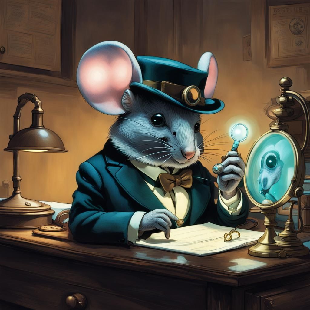 Photograph, A bioluminescent mouse with a monocle in a detective suit ...