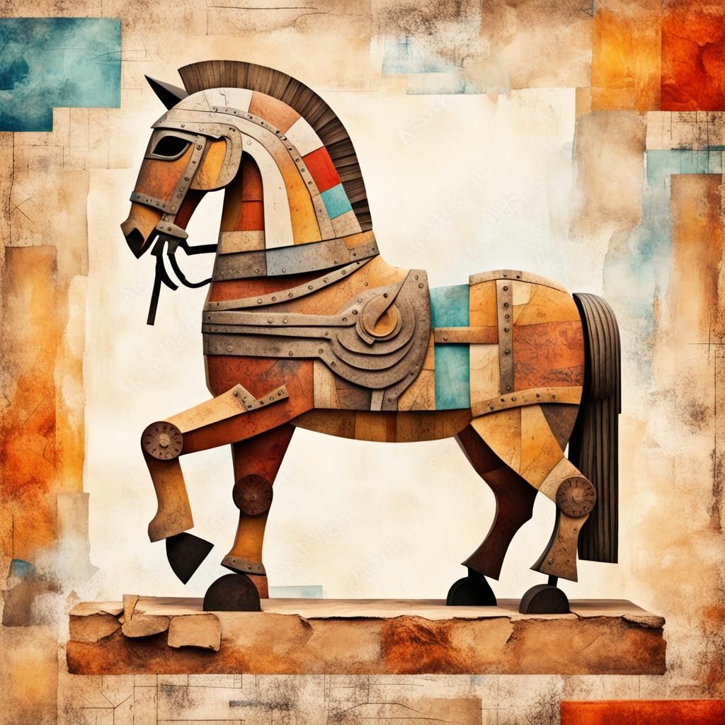 THE TROJAN HORSE, GREEK AND TROJAN WARRIORS. FLAM,ING BACKGROUND ...