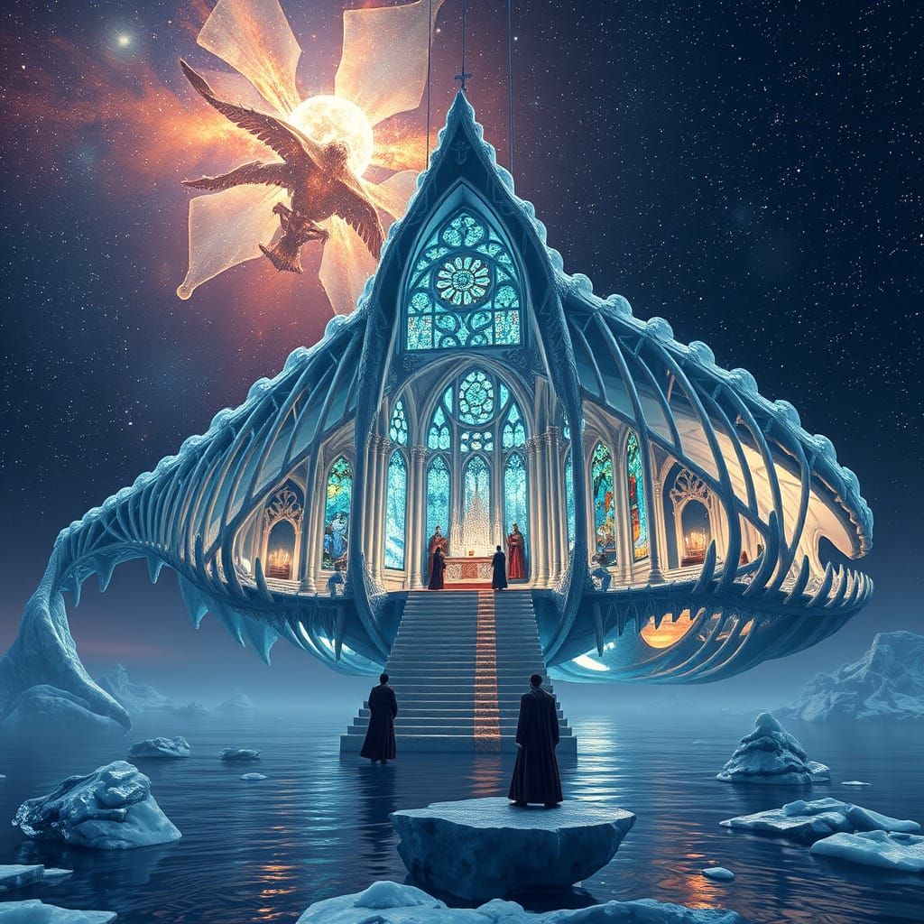 Ethereal Cathedral in a Cosmic Whale's Ribs, Illum... - AI Art
