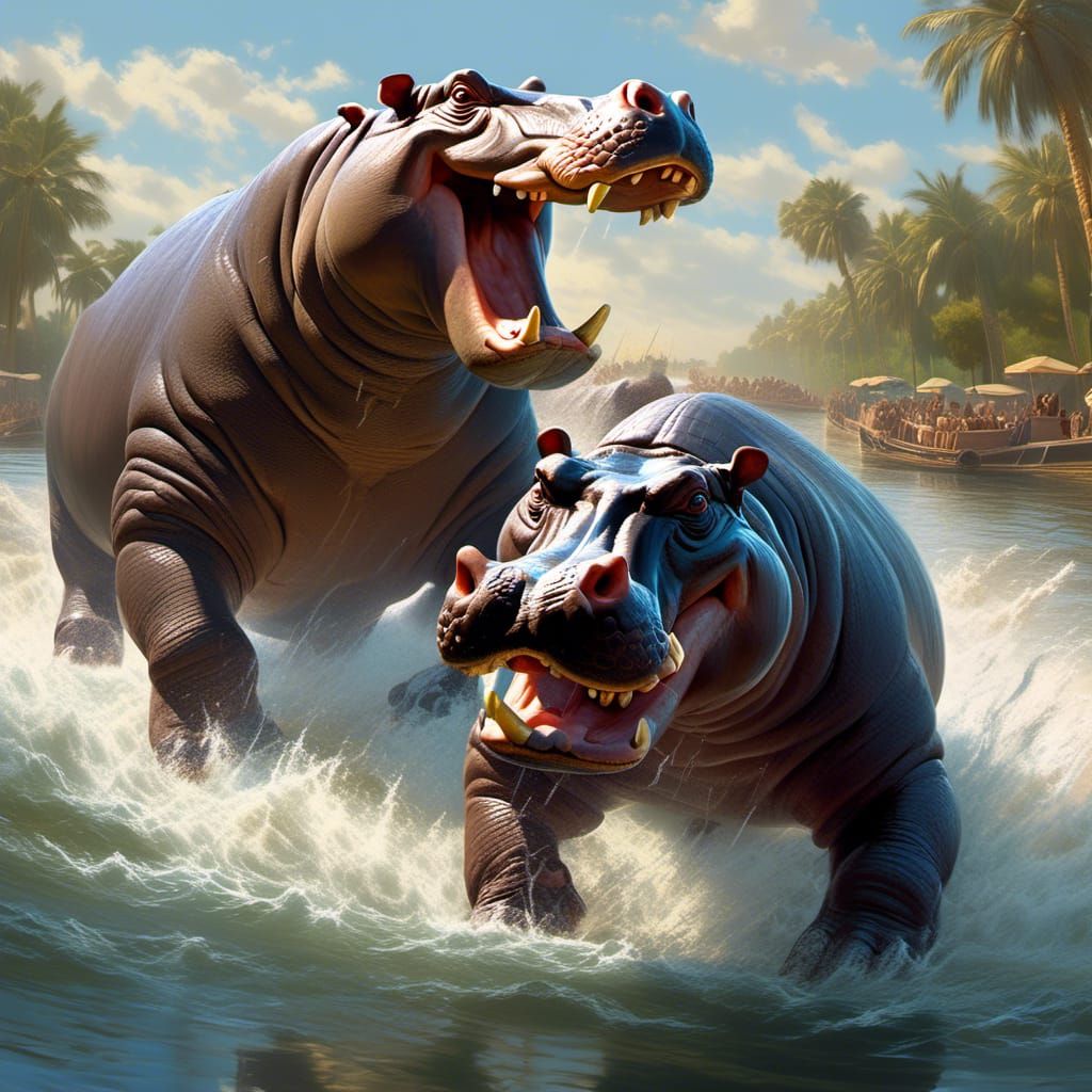Hippo Fight - Realistic Hippo-Crocodile Hybrid Battle Scene