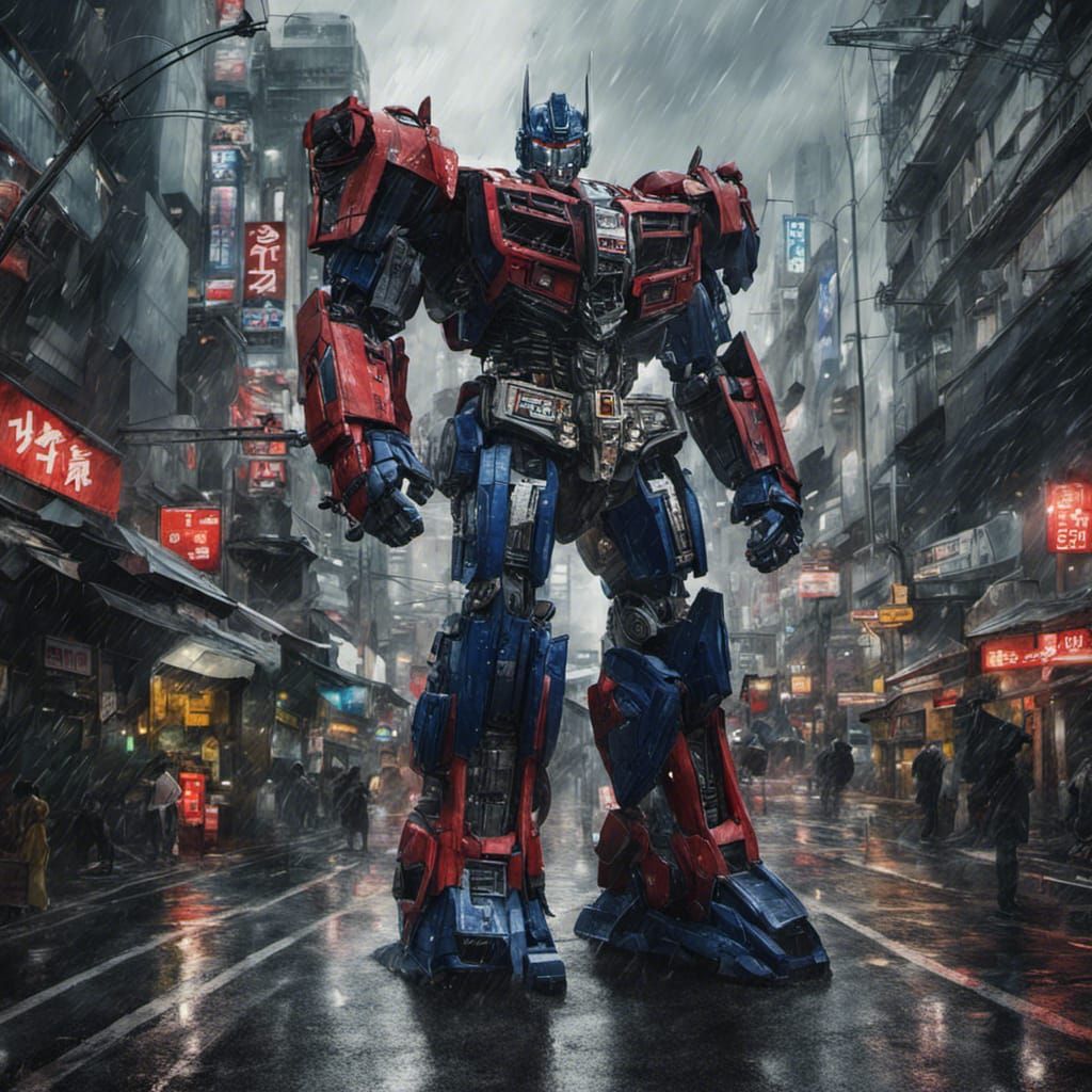Optimus prime in the streets of Tokyo, Raining, Epic cinematic ...