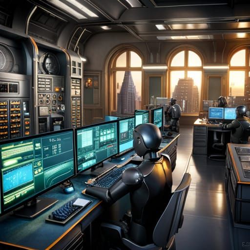 Secret agent Lab; Many Robot agents working on computers - AI Generated ...