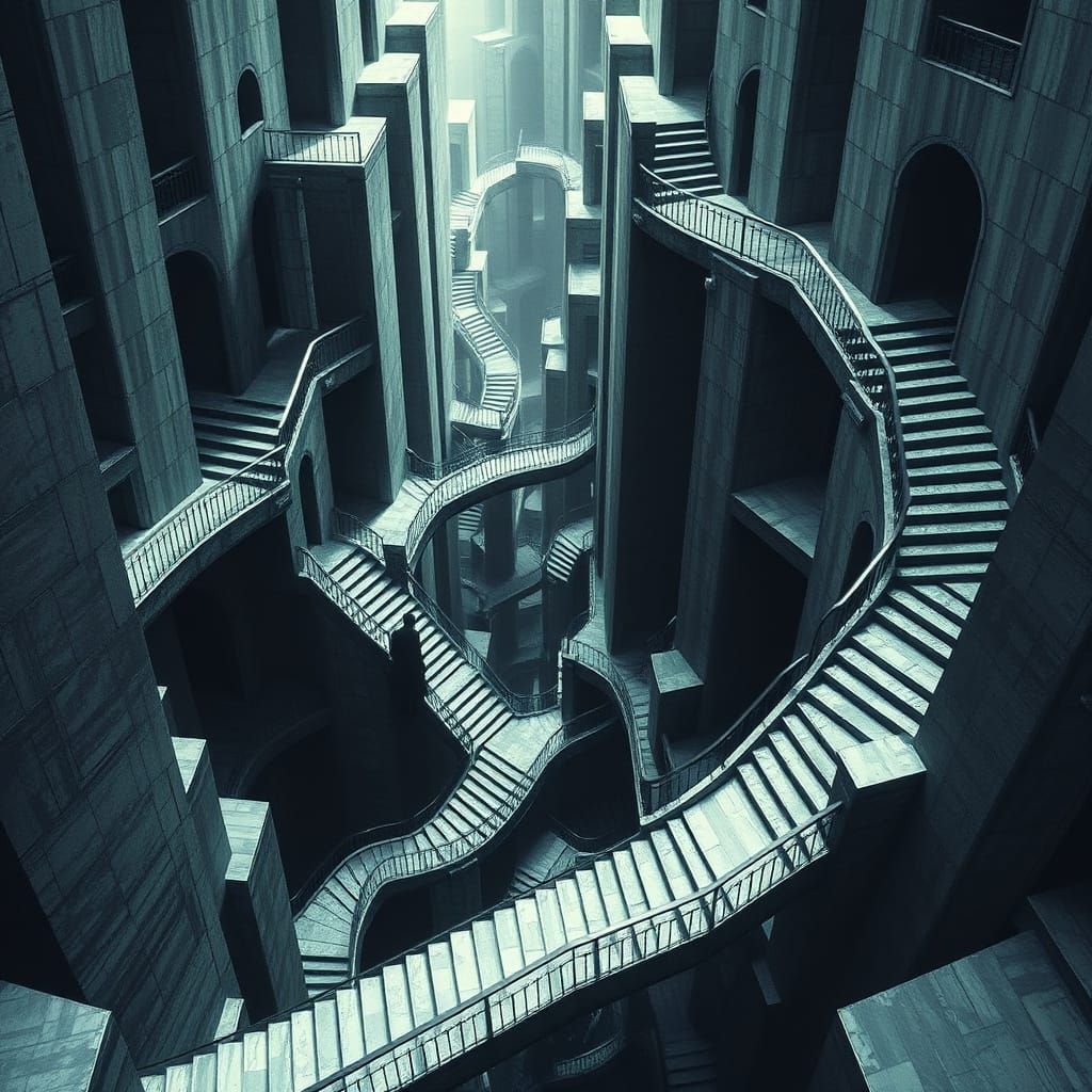 Dark Manipulative Surrealism, Escheresque, mazelike, twisted corridors, architecture, dreamlike ...