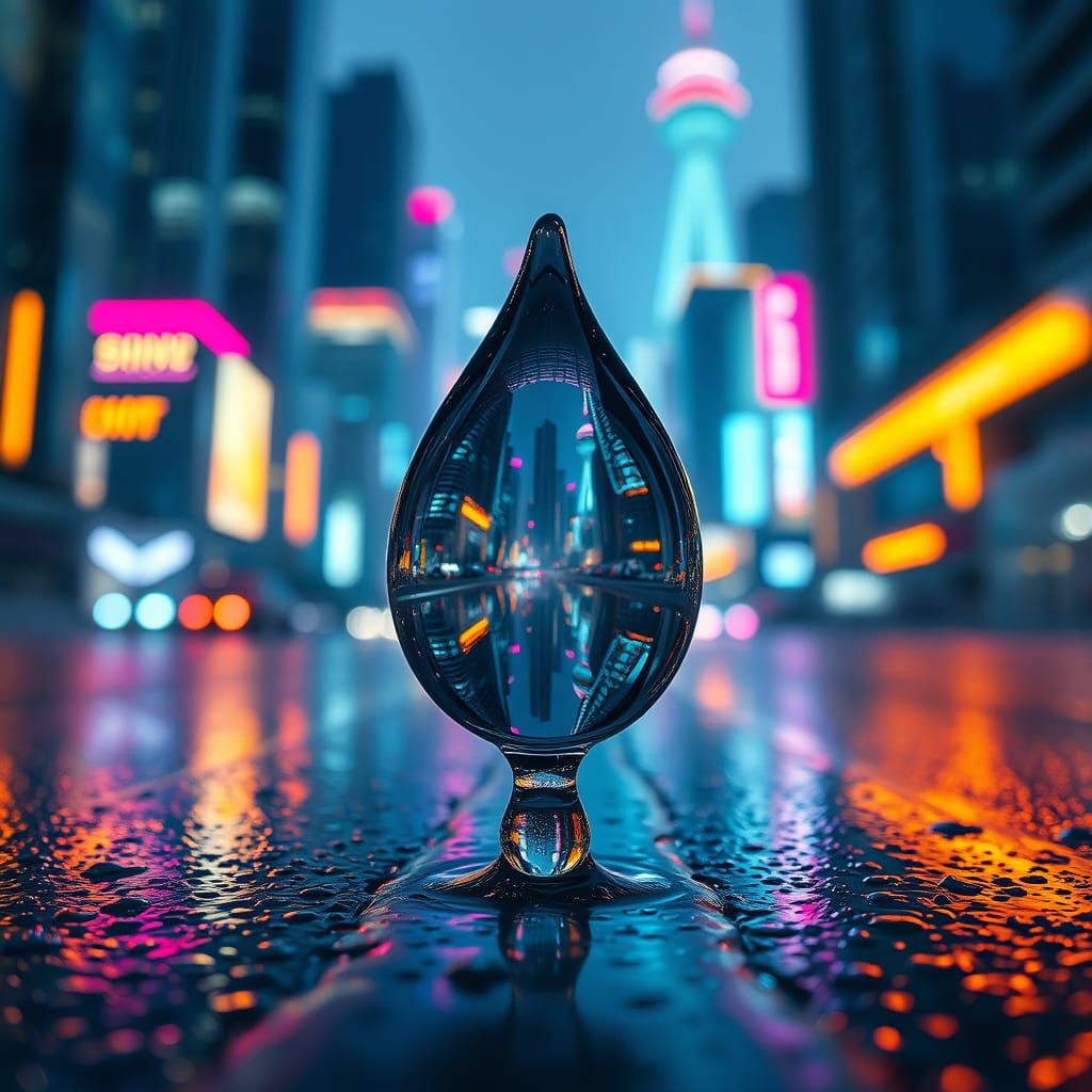 A single neon-lit droplet - Neon-Lit Droplet Reflects Futuri...