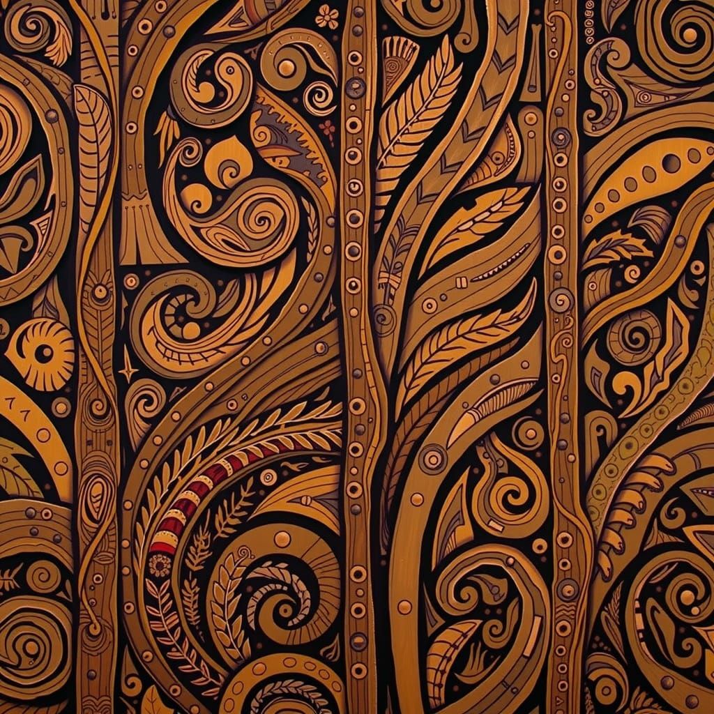 abstract new zealand bush::(Punga, ferns. stream, Rimu trees, Kauri ...