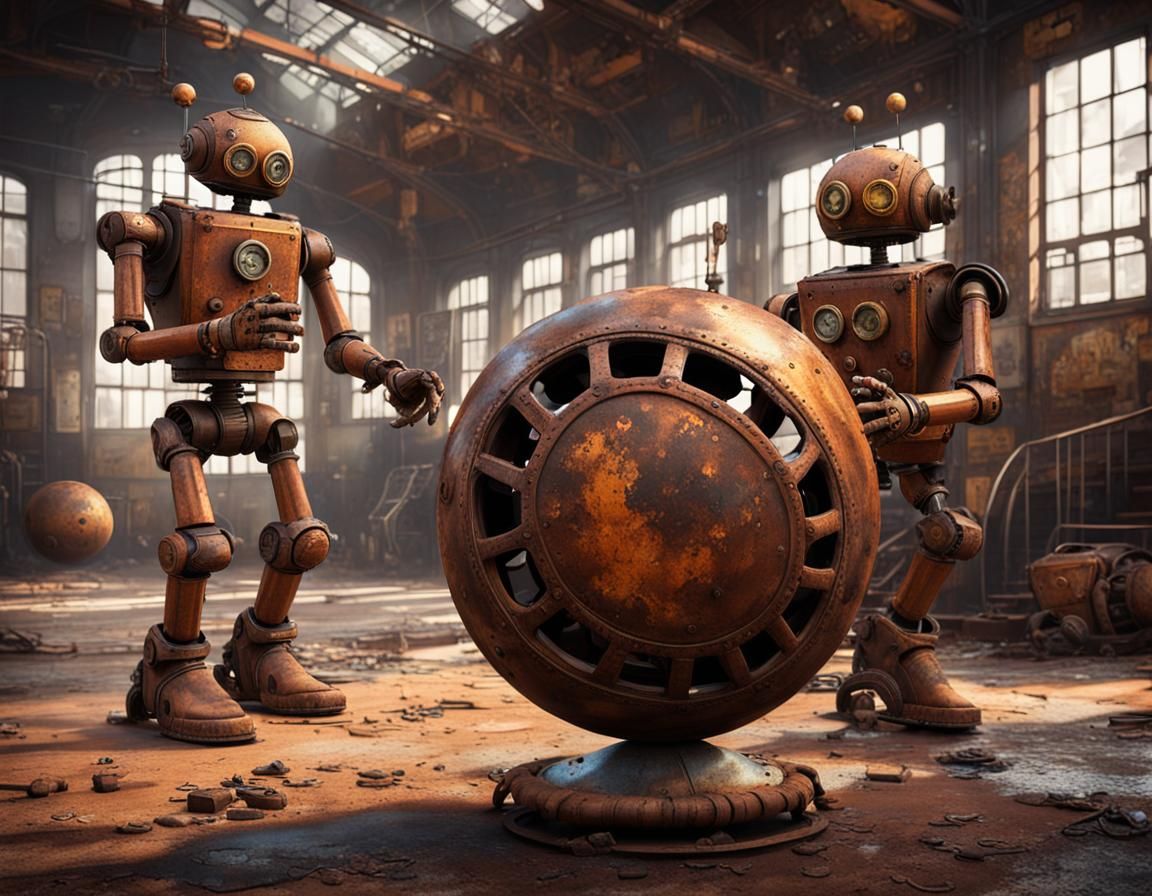 Rusty robots playing football with a rusty iron ball in a rusty hall ...
