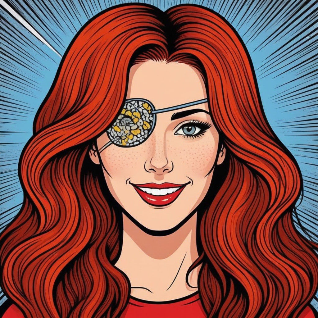 Pop Art portrait of a smiling redhaired woman with one eye veiled by an ...