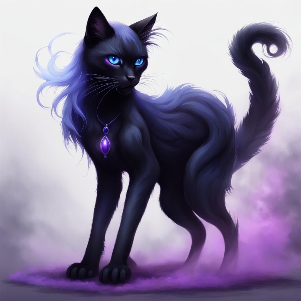 A feline-like female creature with sleek black fur, piercing sapphire ...