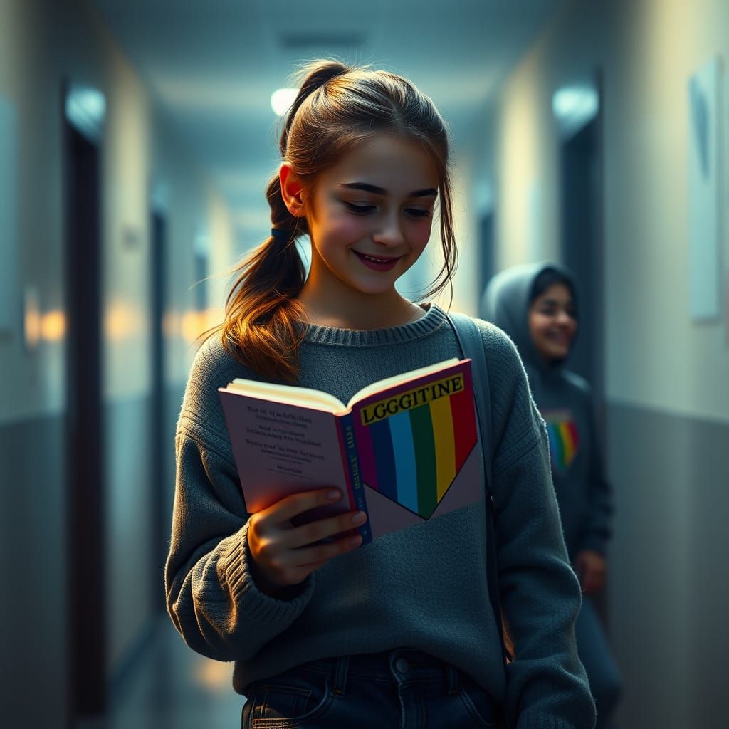 A Teenage Girl Stares Longingly at Friend's Laught... - AI Art