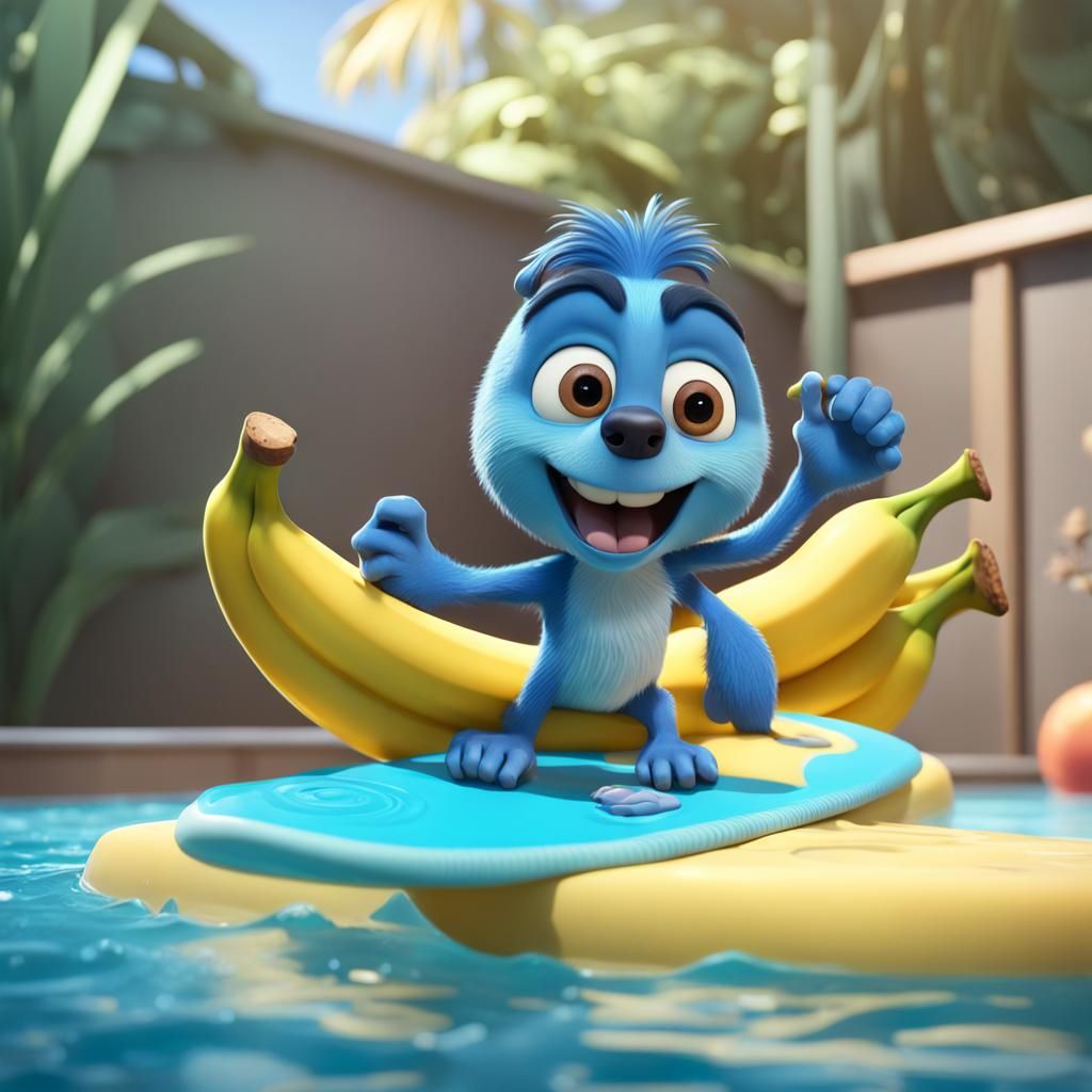 Happy blue dude surfing in a tropical pool - AI Generated Artwork ...