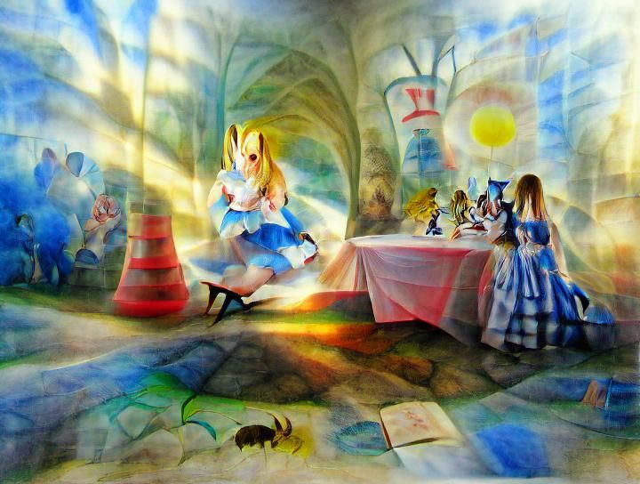 Alice in Wonderland (watercolor, volumetric lighting, sunshine rays ...
