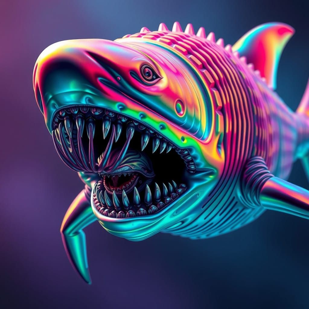 Otherworldly Shark-Like Alien with Neon Armor - AI Art