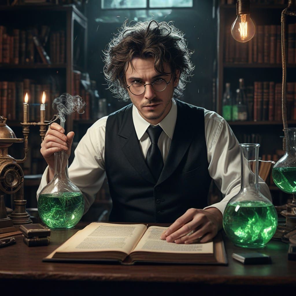 Gothic Steampunk Scientist in Eerie Laboratory - AI Art