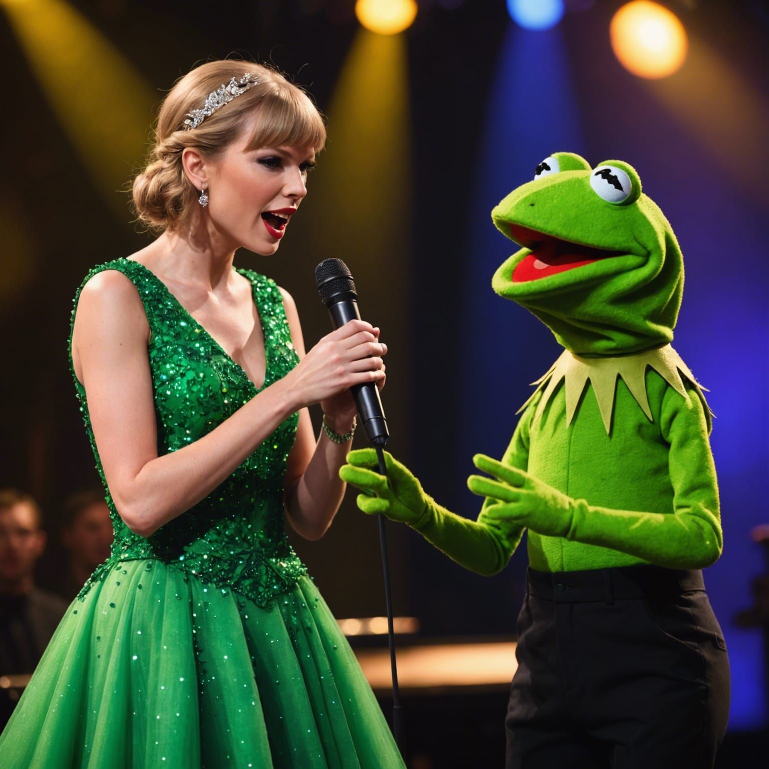 Tailor Swift wearing intricately clothes, singing a Duet with Kermit ...