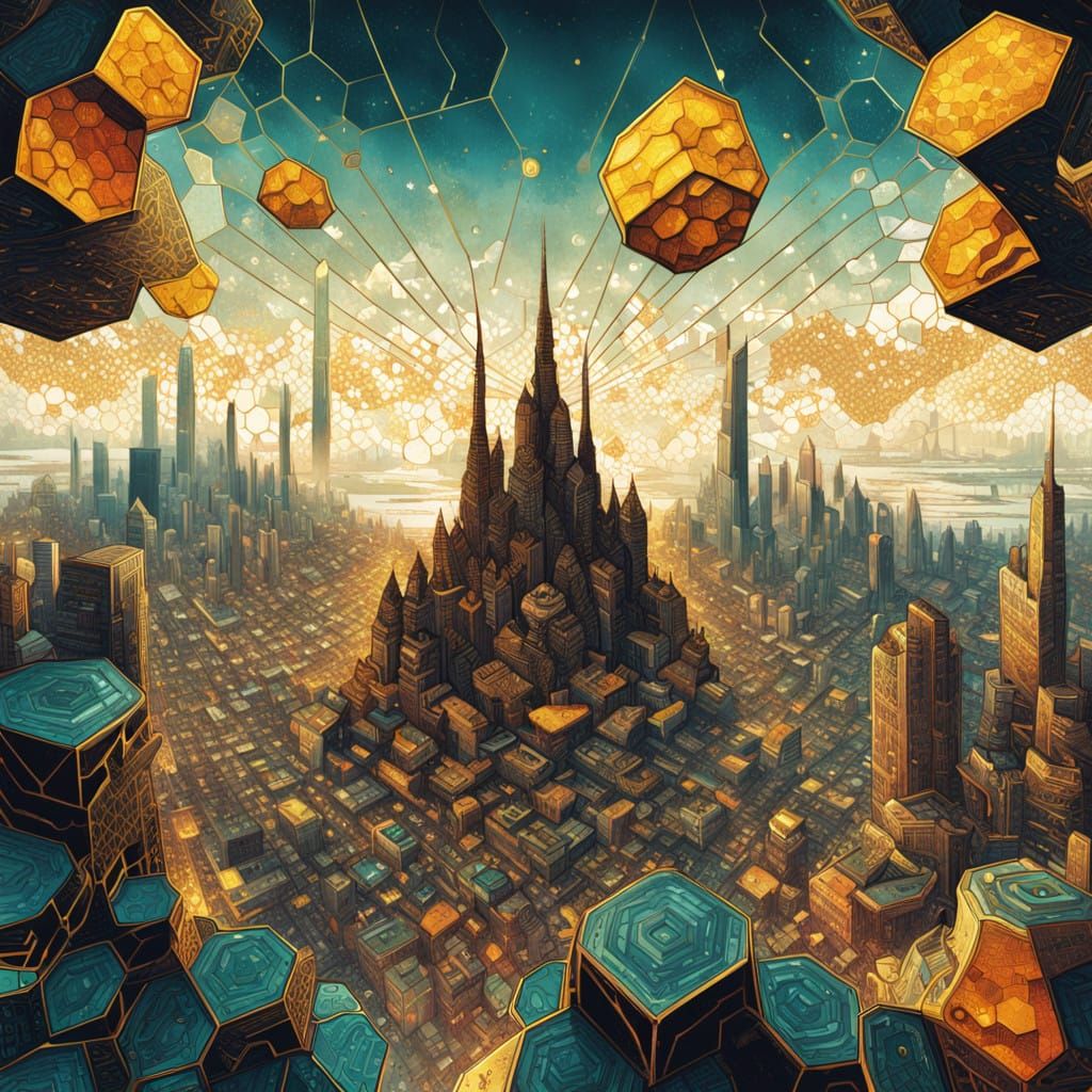 a city made of honeycomb shaped buildings, geometric, interlocked ...