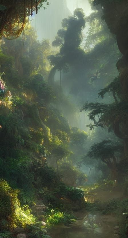 beautiful concept art painting of a jungle path with a huge overgrown ...
