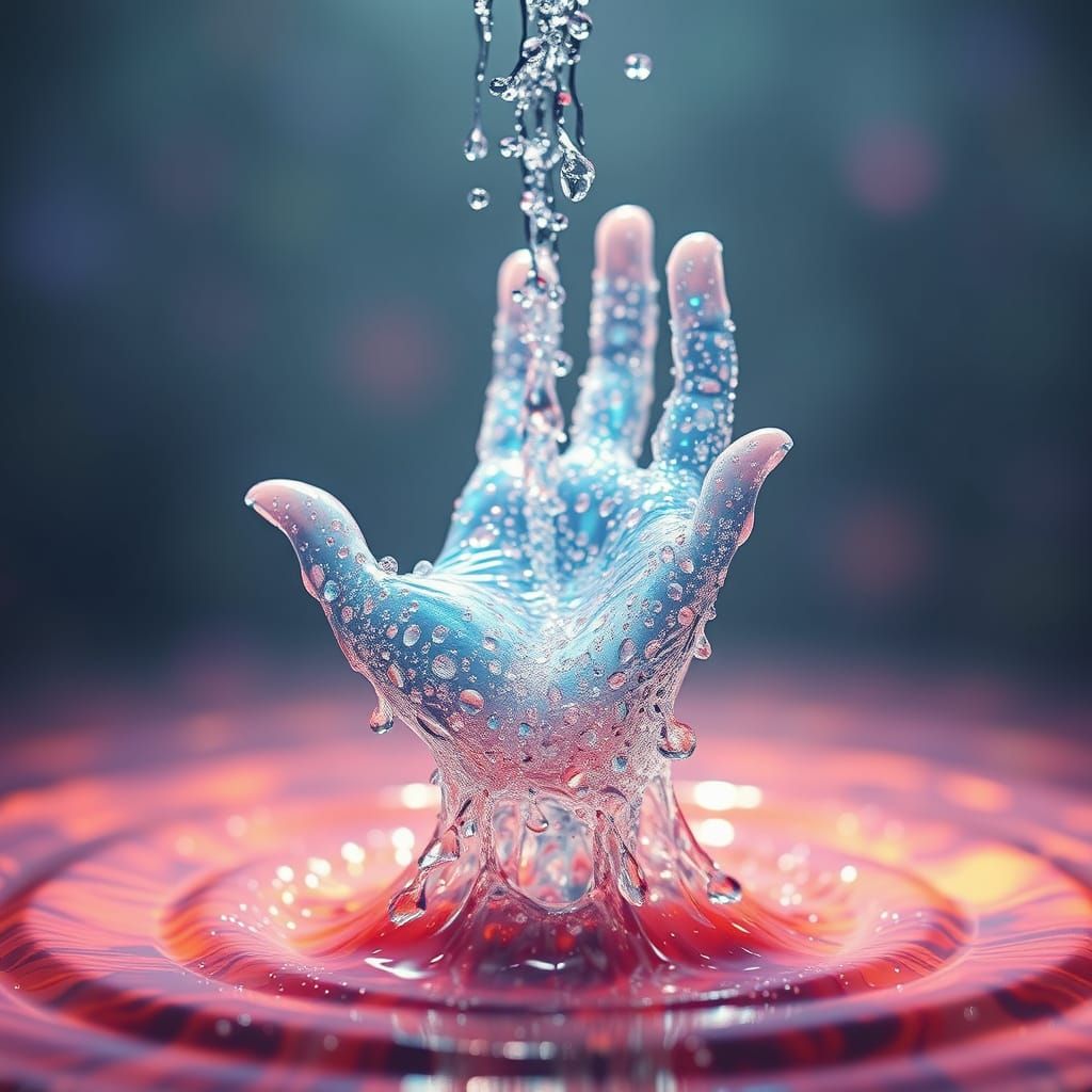 Cascading water droplets in the shape of a hand