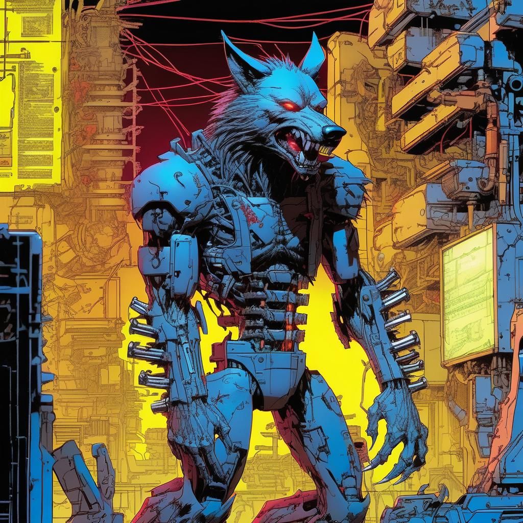 Neon bio-mechanical werewolf by Todd Mcfarlane and Tetsuo Hara, post ...