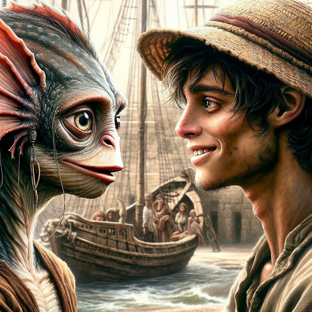 Enigmatic Fish-Like Humanoid in Whimsical Harbor S... - AI Art