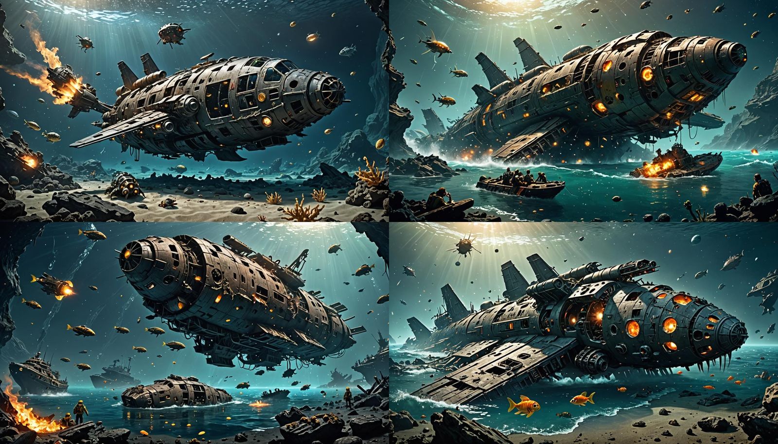 Space Ship Wrecked. A Space Ship has crashed into the ocean on an alien ...