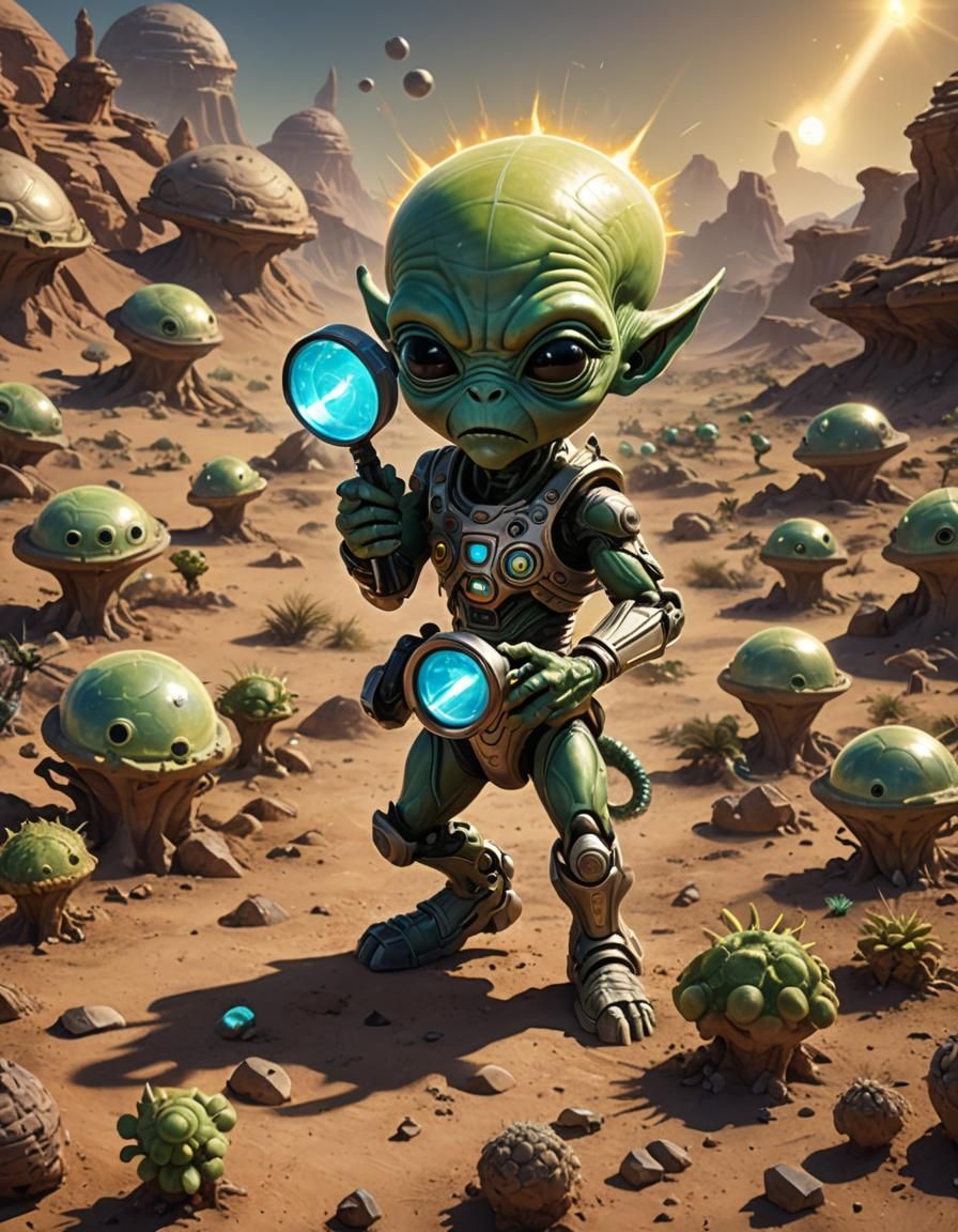 Giant toddler mischievous alien with magnifying glass using the suns ...