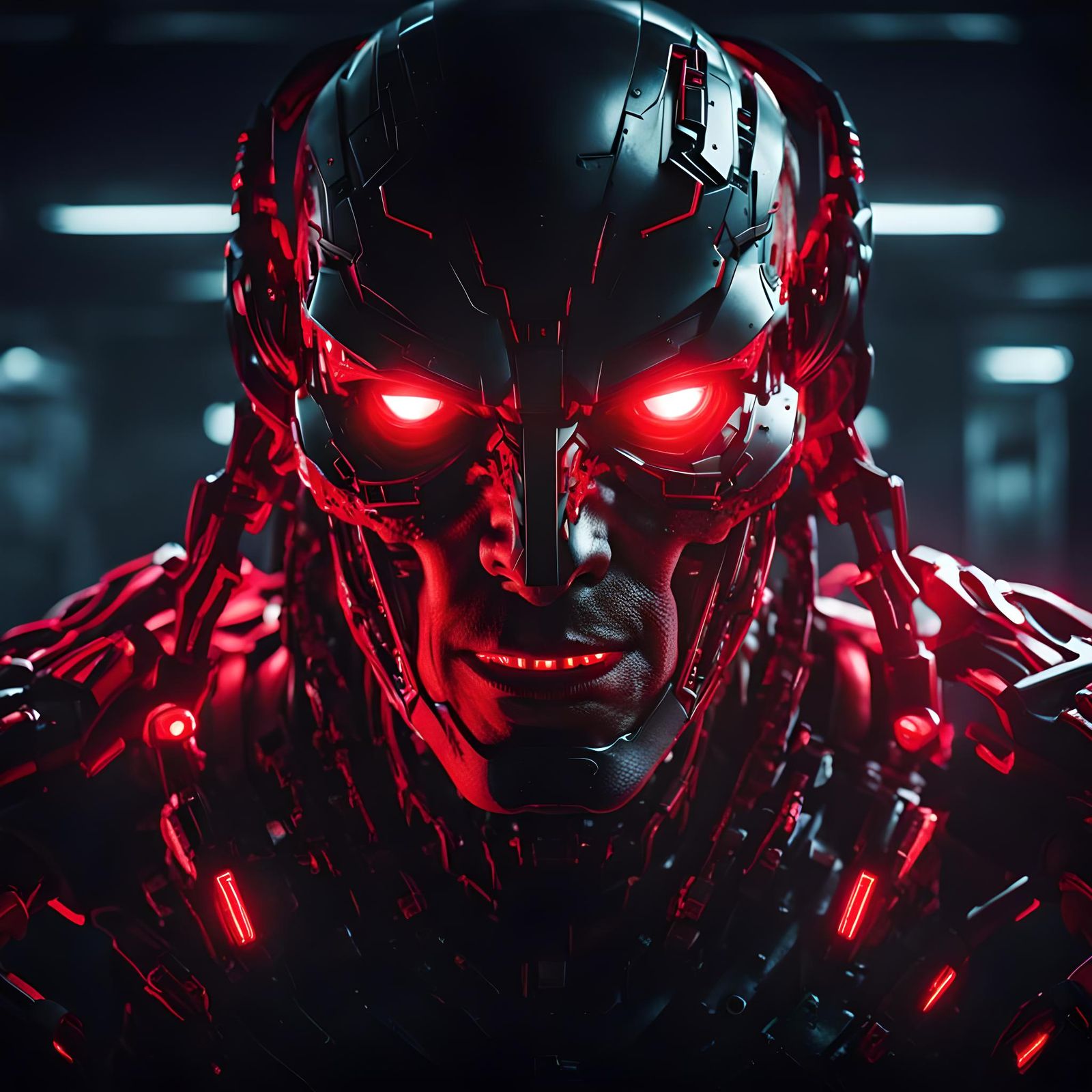 Evil cyborg glowing red in a dark room - AI Generated Artwork ...