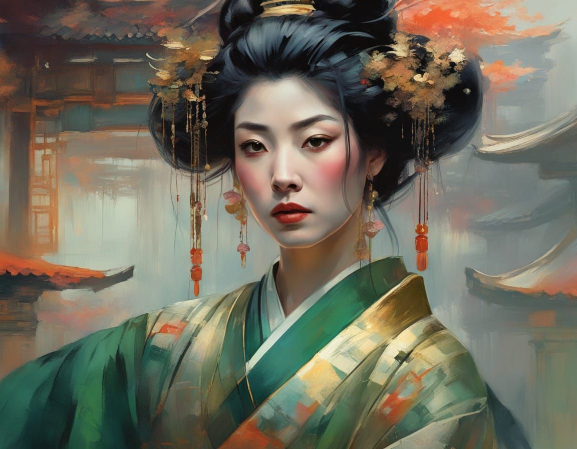 Neo-impressionist oil painting. Medium shot. A geisha in a kimono stands beside a Japanese ...