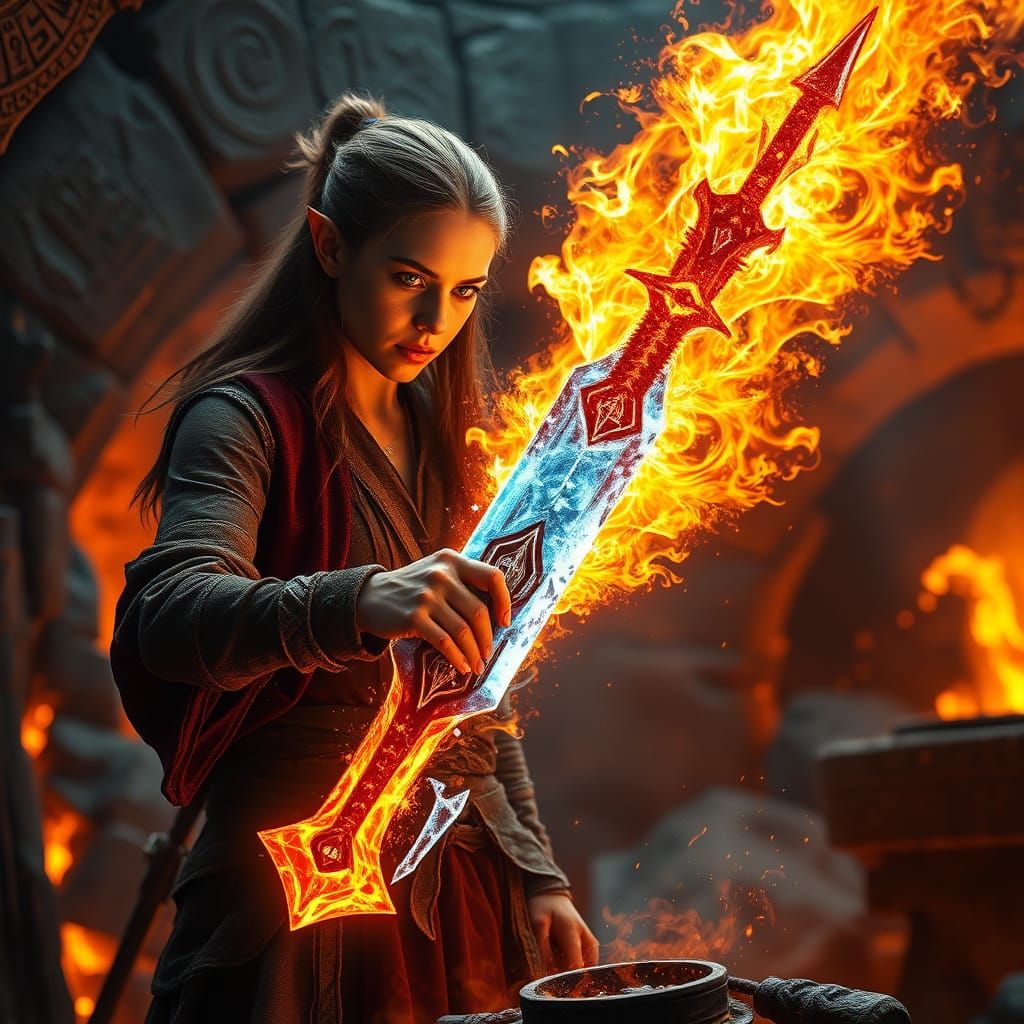 Amidst the rumbling depths of a cataclysmic forge, an elven blacksmith ...