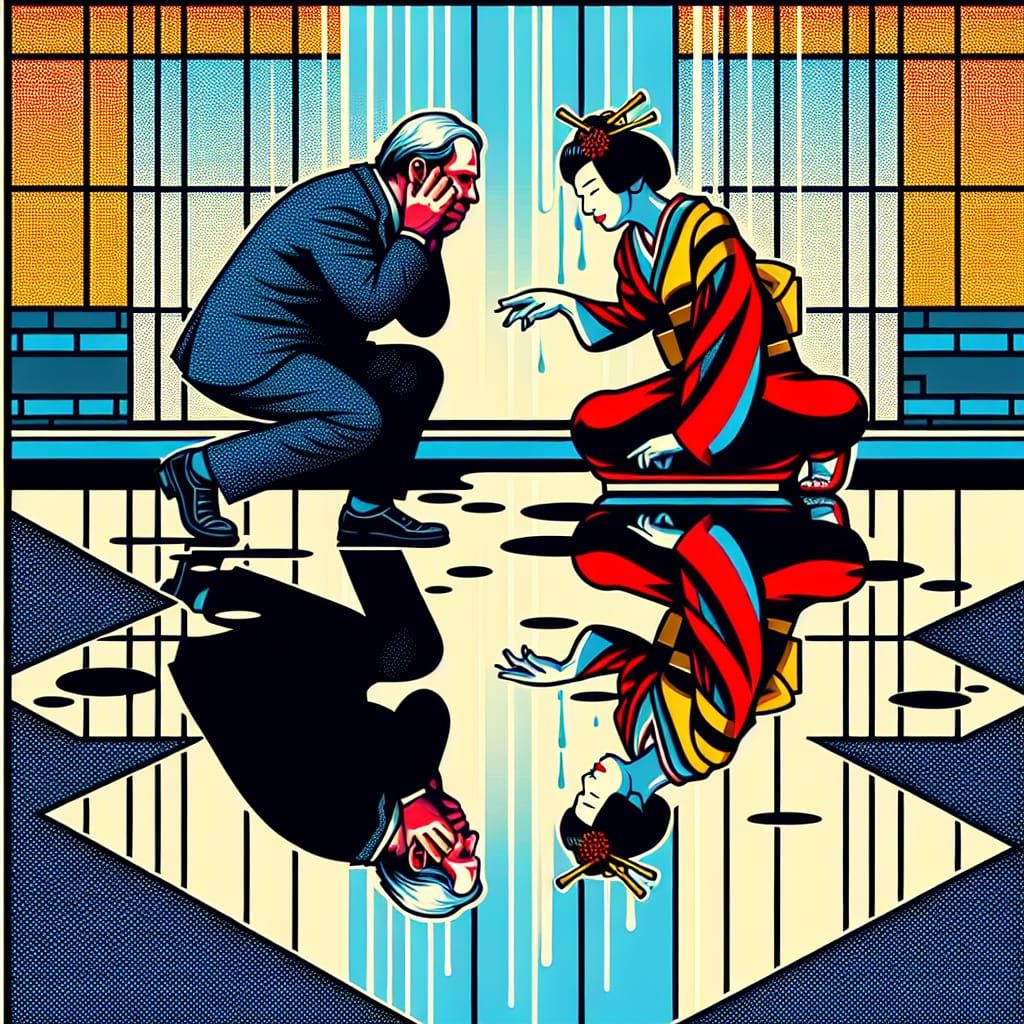 A Frumpy Middle Aged Man Staring into a rain puddle reflection but ...