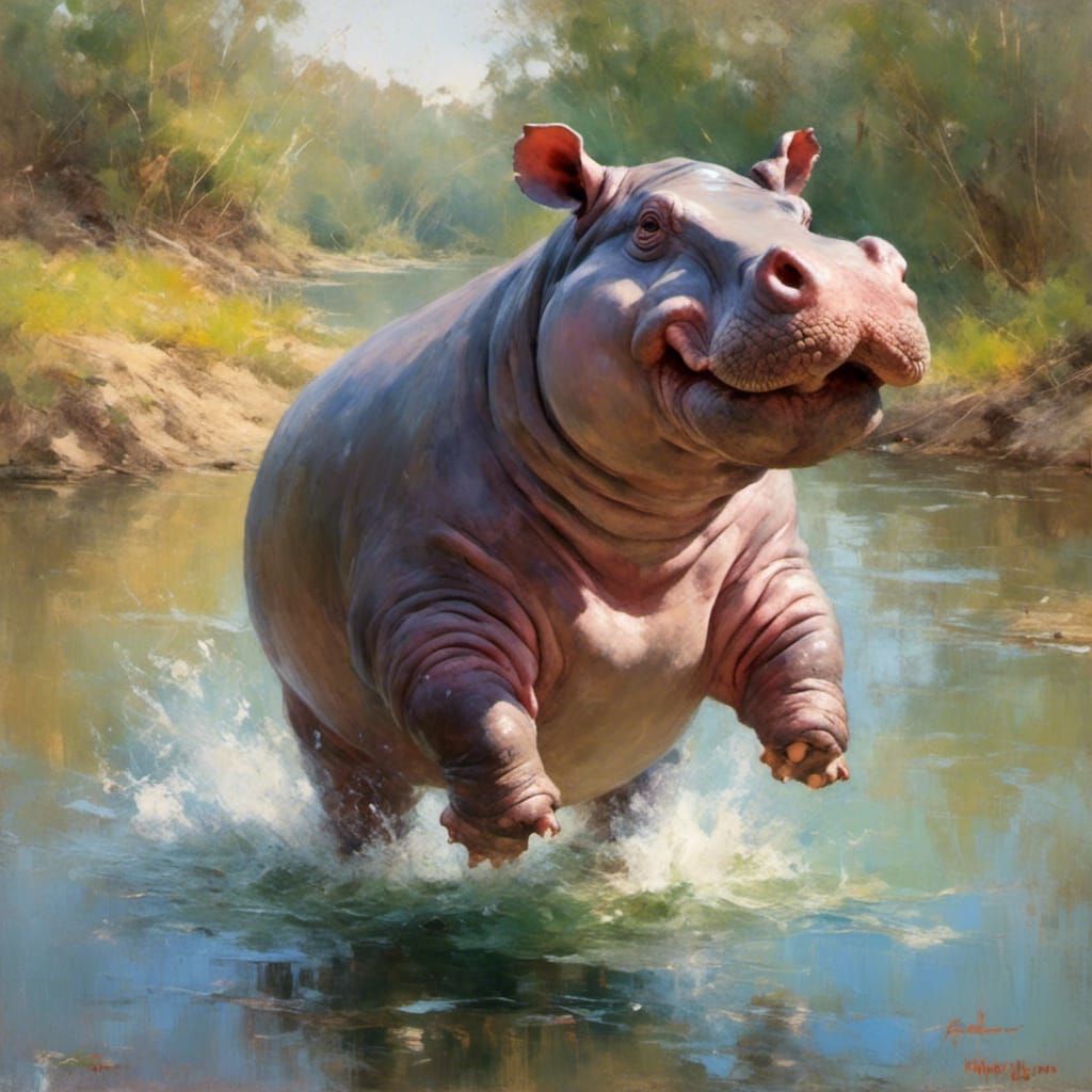 A happy hippo hopping along in the river. - AI Generated Artwork ...