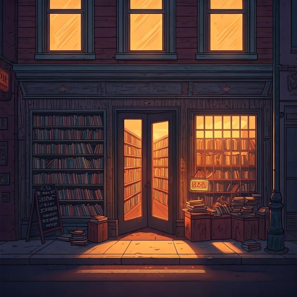 A quaint bookstore with stacks of books spilling out onto the sidewalk ...