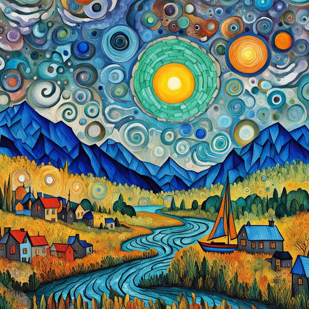 Impasto Colorful Landscape - Whimsical Sunset Masterpiece in...