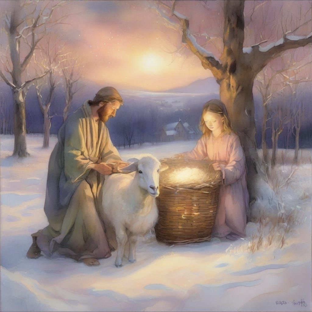 Vintage Watercolor Nativity Scene in Soft Golden L... - AI Art