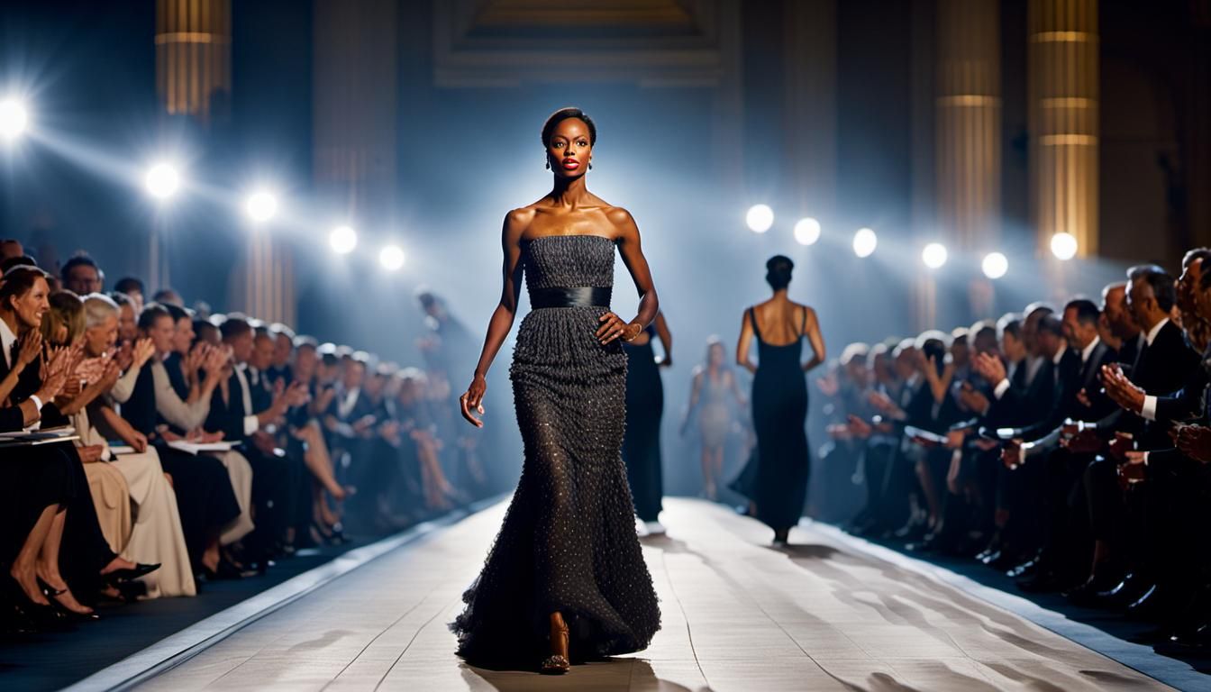 A confident woman with a flowing evening gown strides down a brightly ...