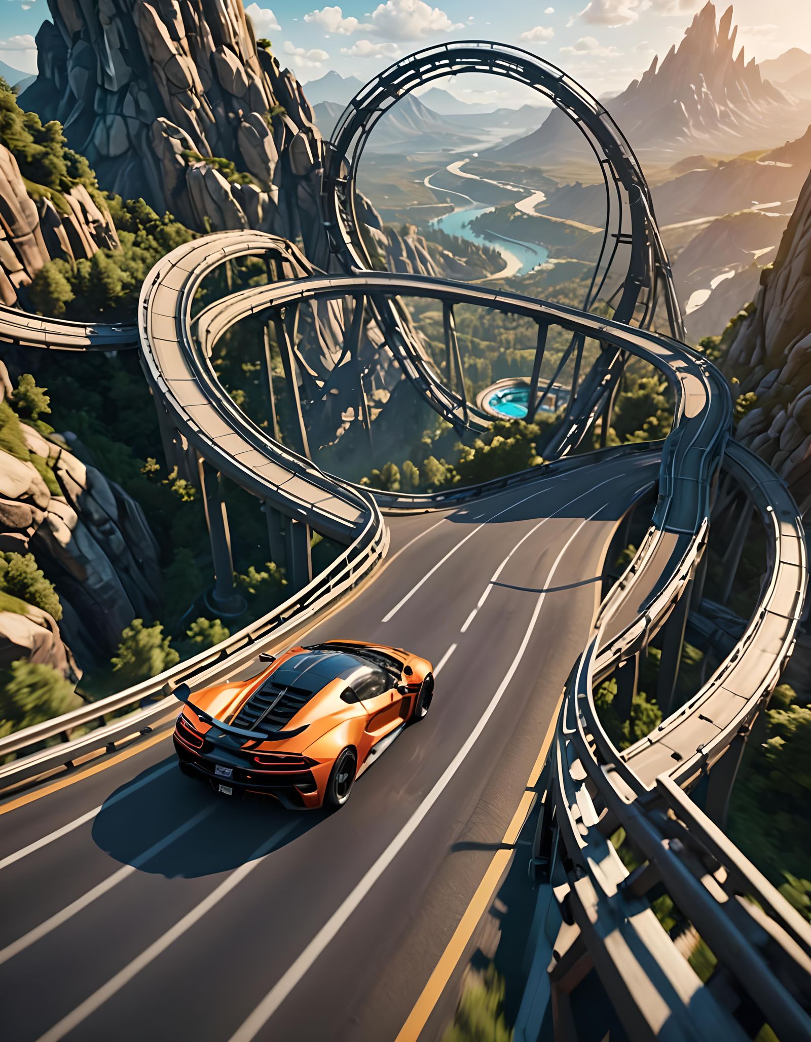 lone supercar on large rollercoaster racetracks - AI Generated Artwork - NightCafe Creator