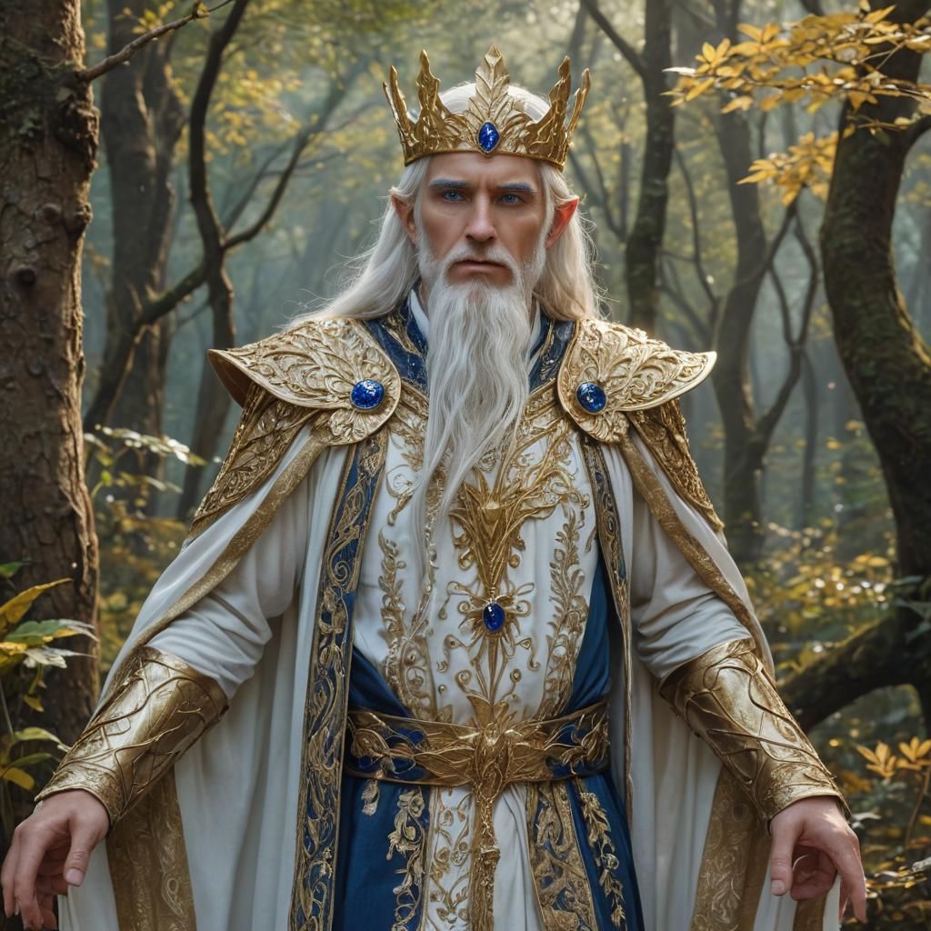 Elf king. Long white hair, hard blue eyes, crown of gold wire, golden ...