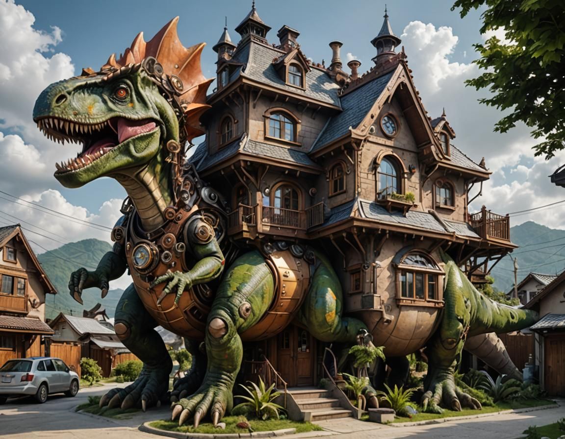 Dinosaur shaped house with steampunk adornments, in a village, sharp ...
