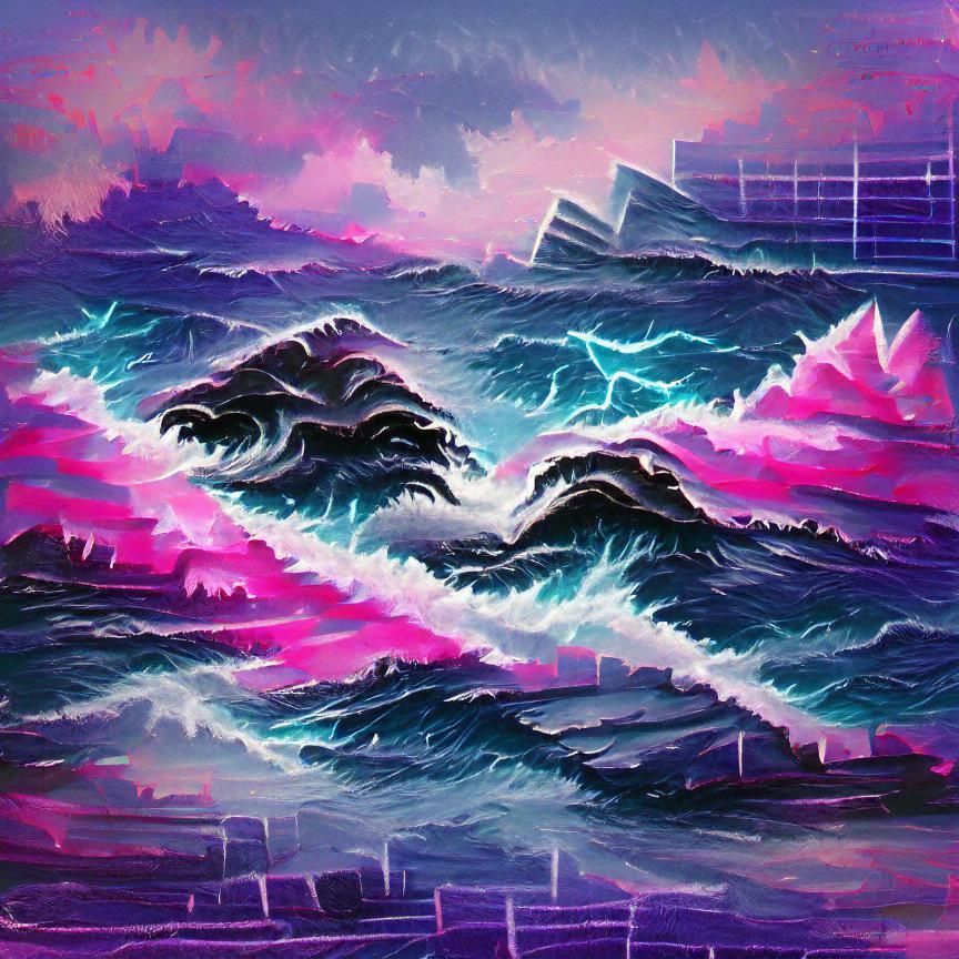 Synthwave inspired waves crashing on a stormy ocean. - AI Generated ...